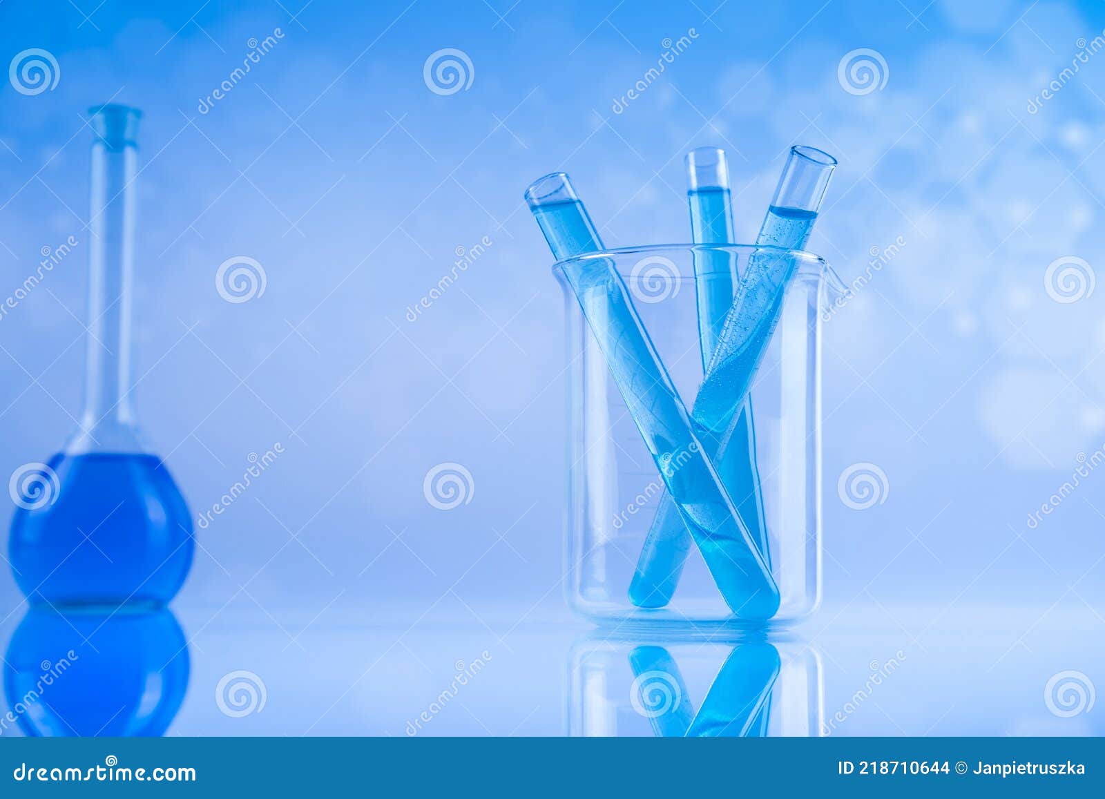 Laboratory Beakers, Microscope, Blue Background Stock Photo - Image of ...