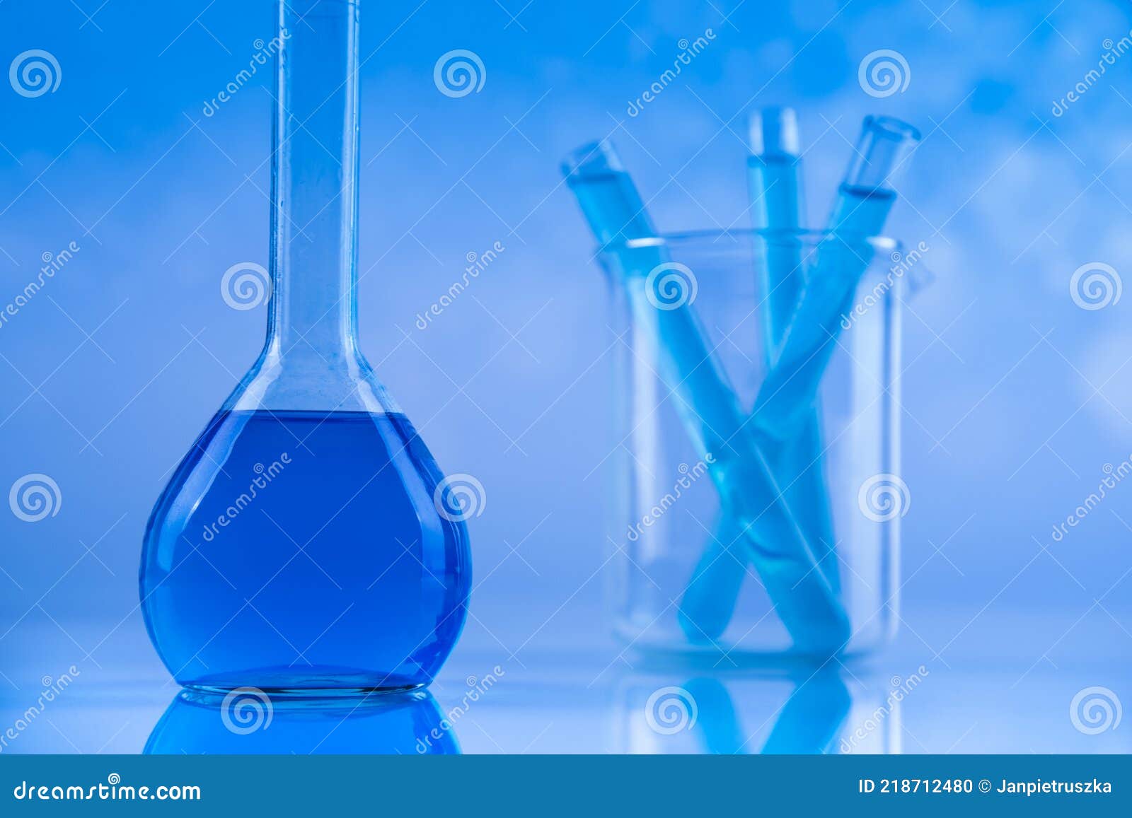 Laboratory Beakers, Microscope, Blue Background Stock Photo - Image of ...
