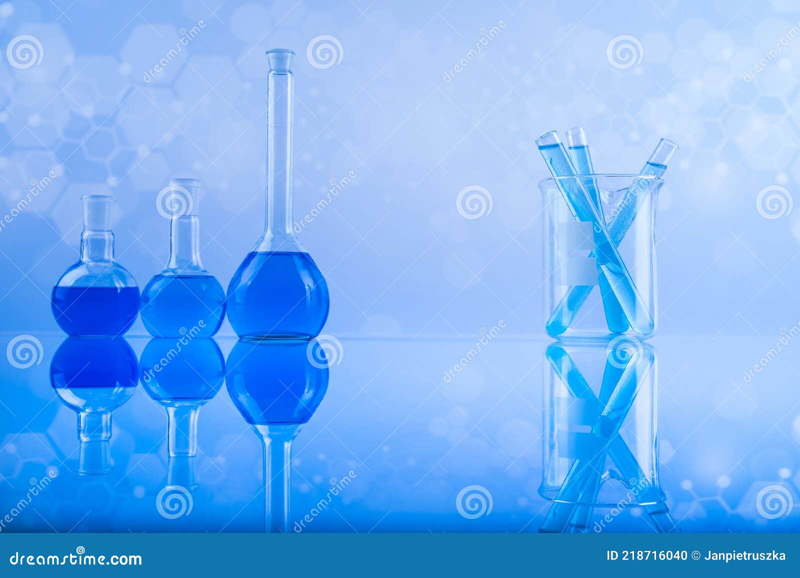 Laboratory Beakers, Microscope, Blue Background Stock Photo - Image of ...