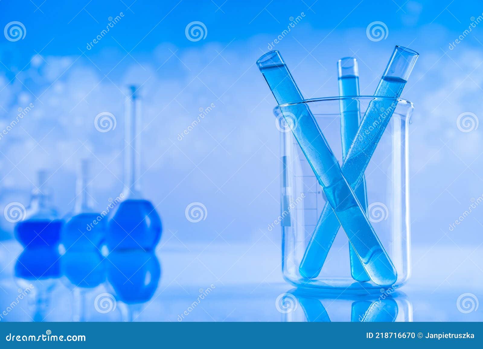 Laboratory Beakers, Microscope, Blue Background Stock Photo - Image of ...