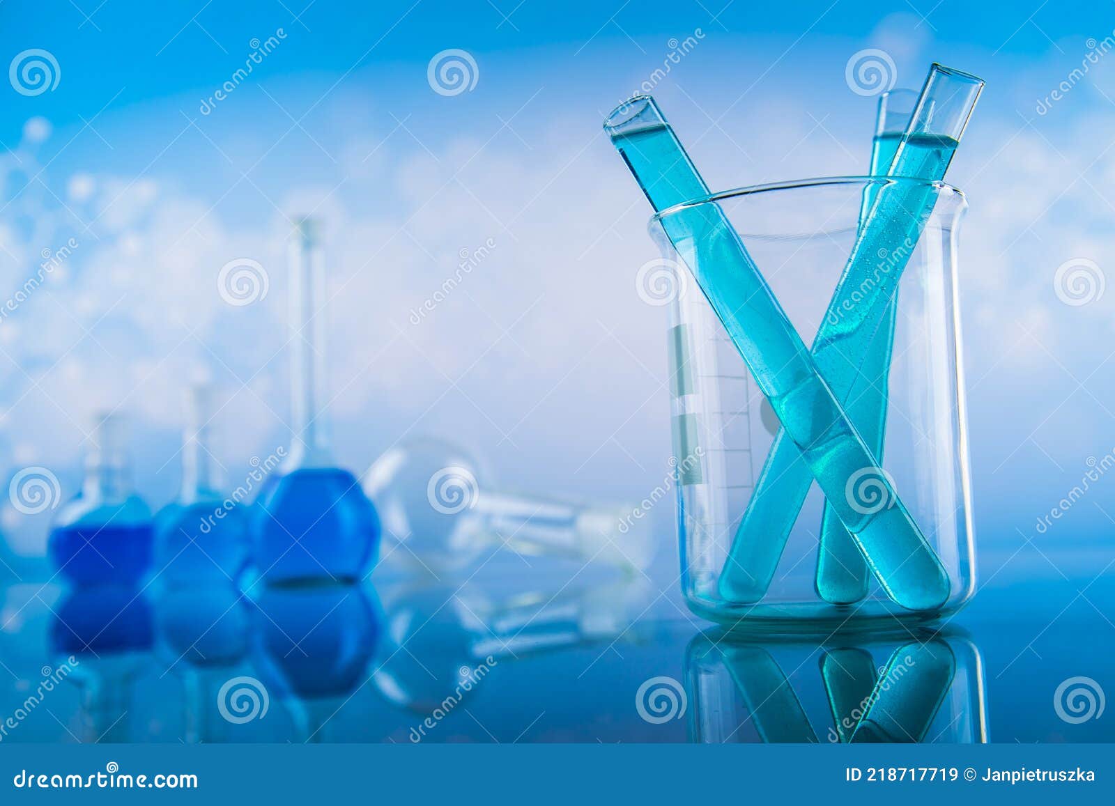 Laboratory Beakers, Microscope, Blue Background Stock Image - Image of ...
