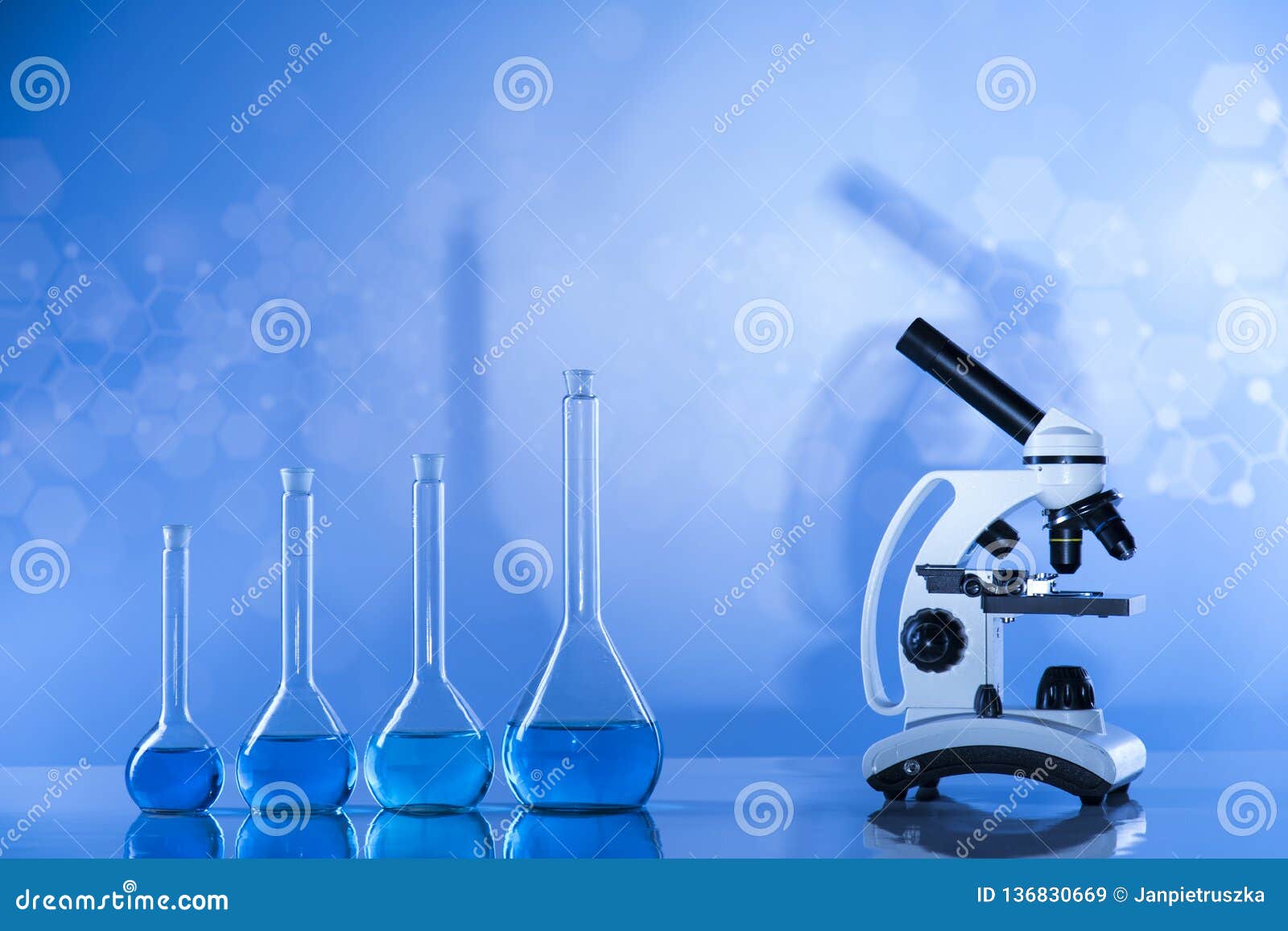 Laboratory Beakers, Microscope, Blue Background Stock Image - Image of ...