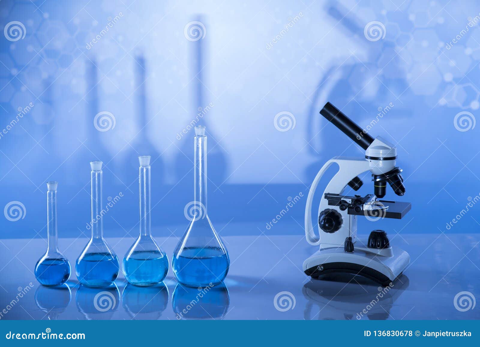 Laboratory Beakers, Microscope, Blue Background Stock Photo - Image of ...