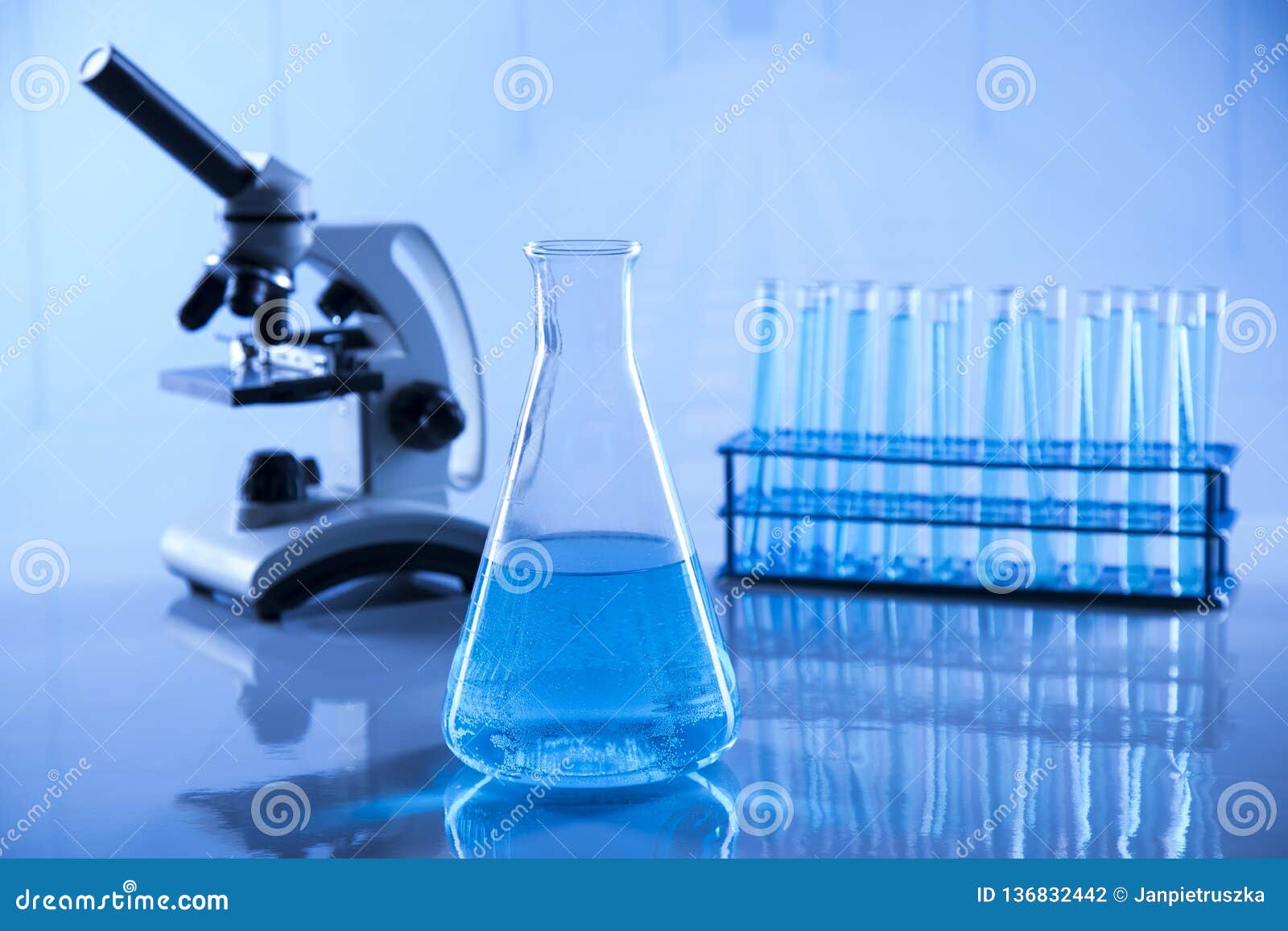 Laboratory Beakers, Microscope, Blue Background Stock Photo - Image of ...