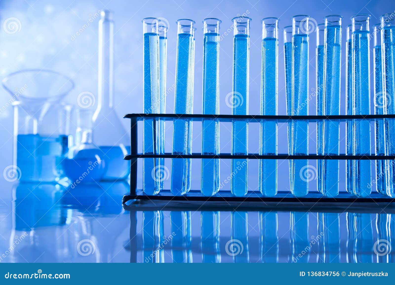 Laboratory Beakers, Microscope, Blue Background Stock Photo - Image of ...