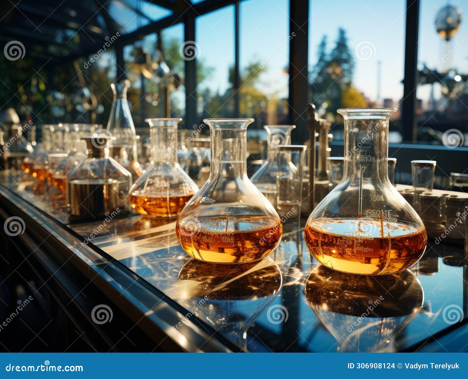 Laboratory Beakers in White. a Row of Glass Flasks Filled with Liquid ...
