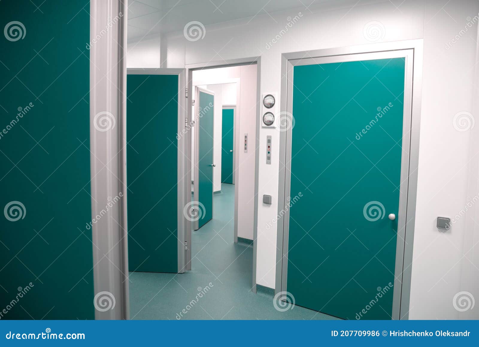 Laboratory Corridor with Green Doors and Measuring Sensors Stock Photo ...