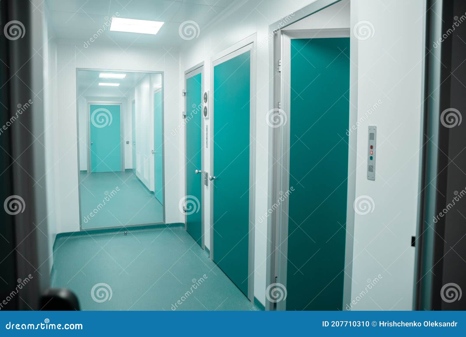 Laboratory Corridor with Green Doors and Measuring Sensors Stock Photo ...