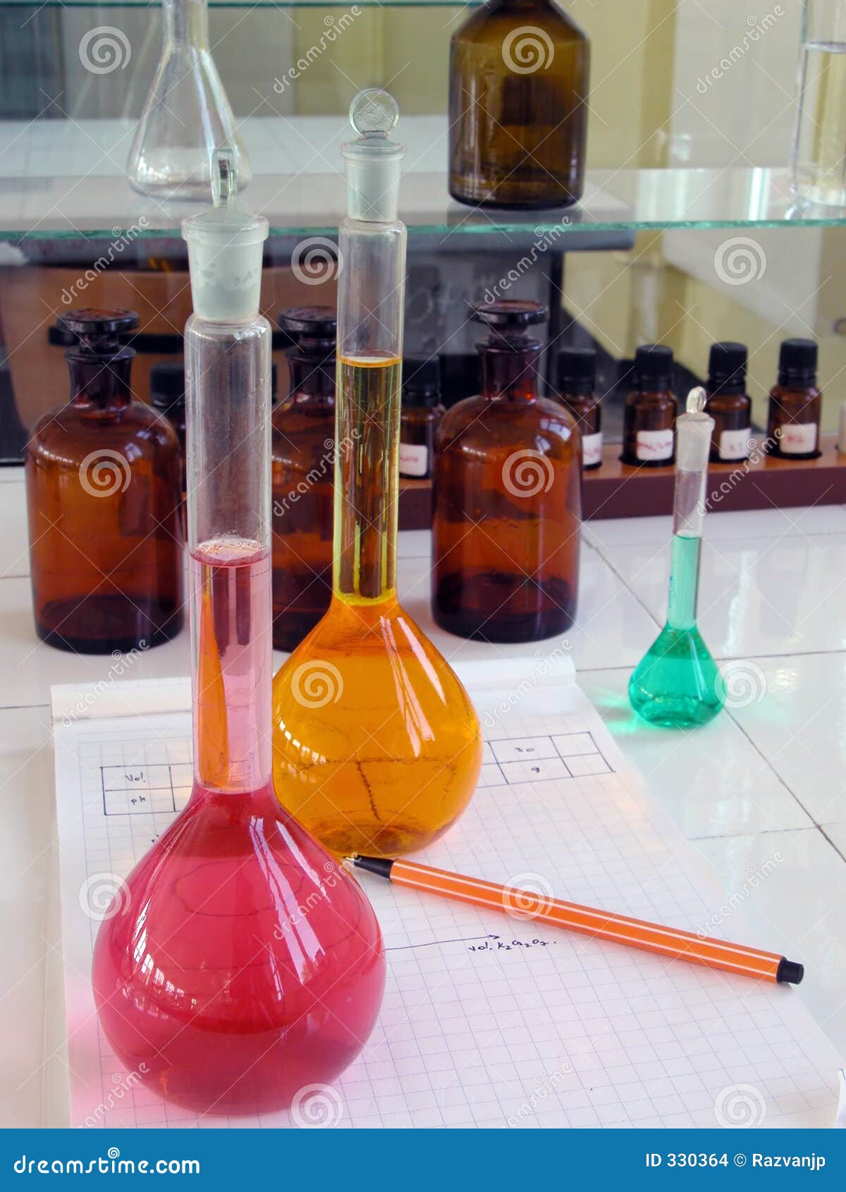 Laboratory desk stock photo. Image of bottles, orange, glass - 330364