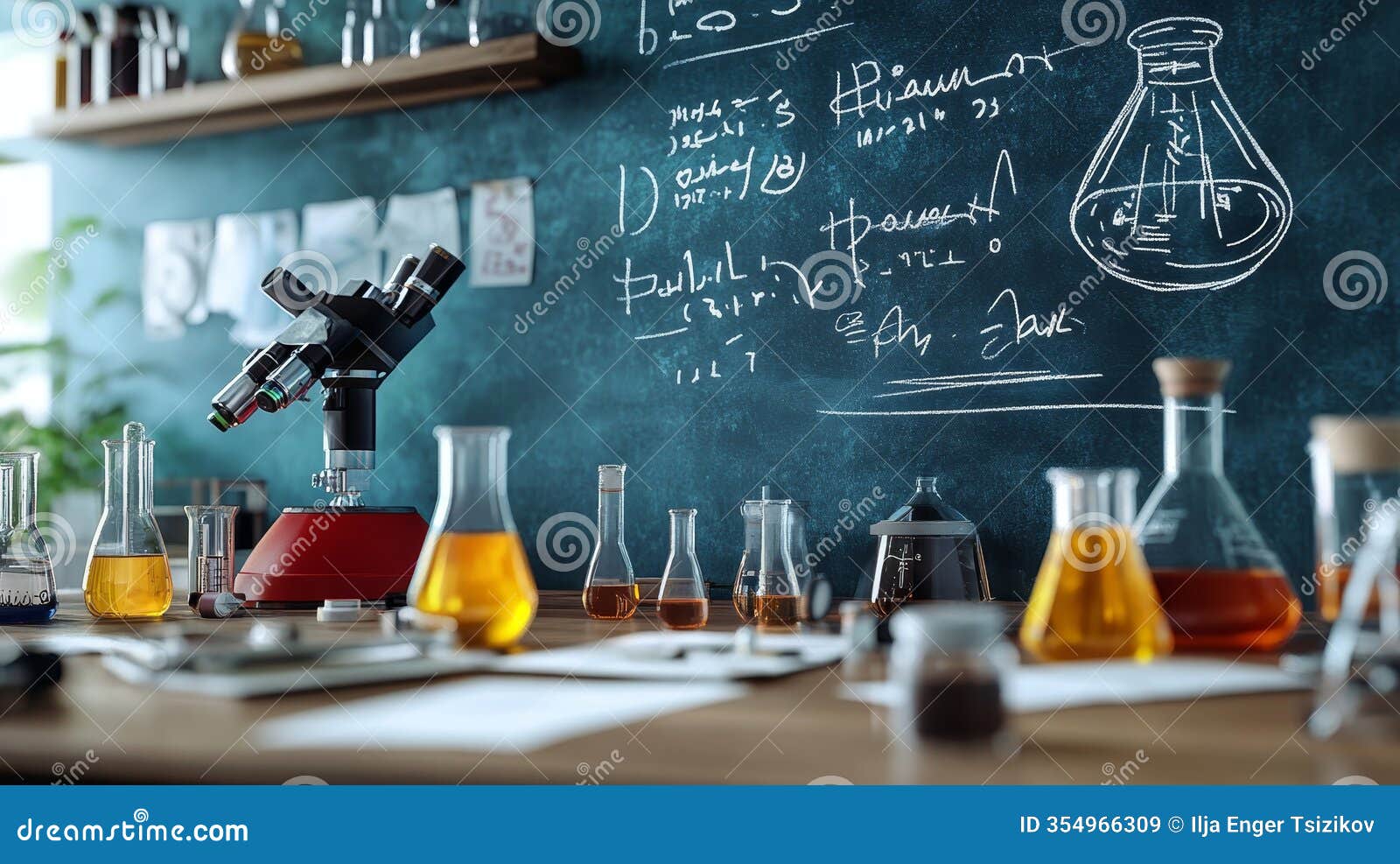 Laboratory Desk with Flasks, Beakers, Microscope, and Blackboard for ...