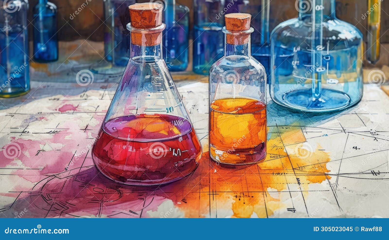 Laboratory Equipment Drawing, Glass Bottles and Experiment Flasks ...
