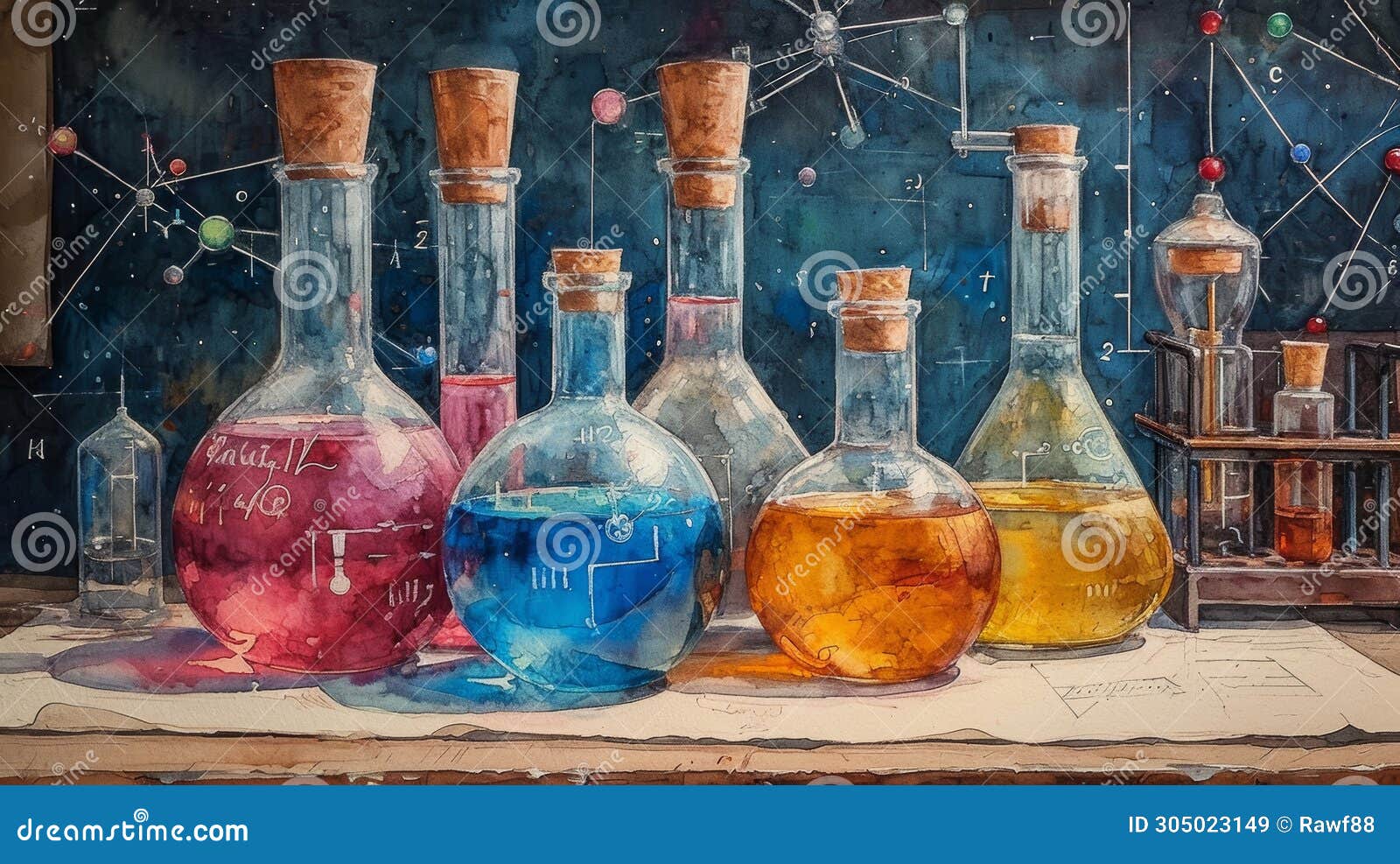 Laboratory Equipment Drawing, Glass Bottles and Experiment Flasks ...
