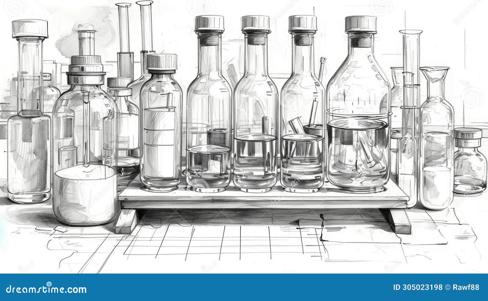 Laboratory Equipment Drawing, Glass Bottles and Experiment Flasks ...