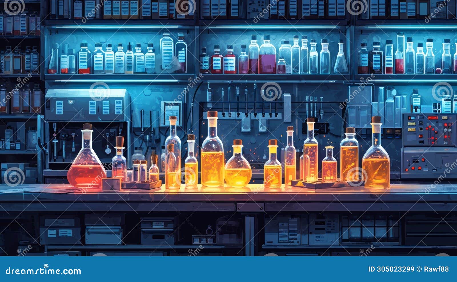 Laboratory Equipment Drawing, Glass Bottles and Experiment Flasks ...