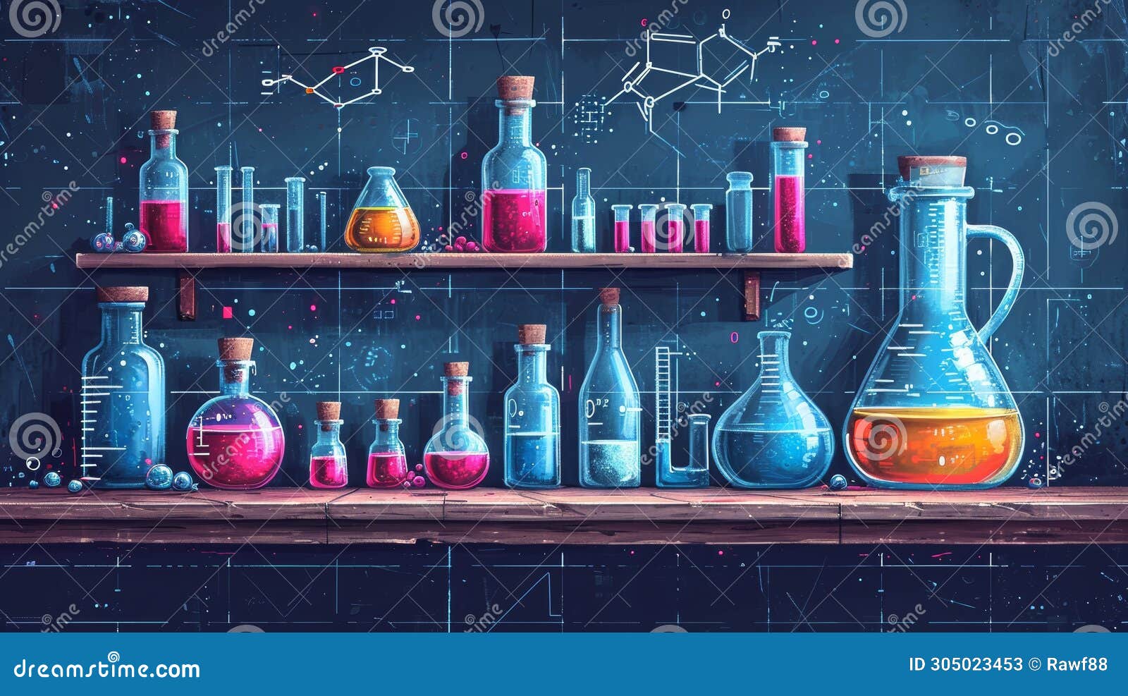 Laboratory Equipment Drawing, Glass Bottles and Experiment Flasks ...