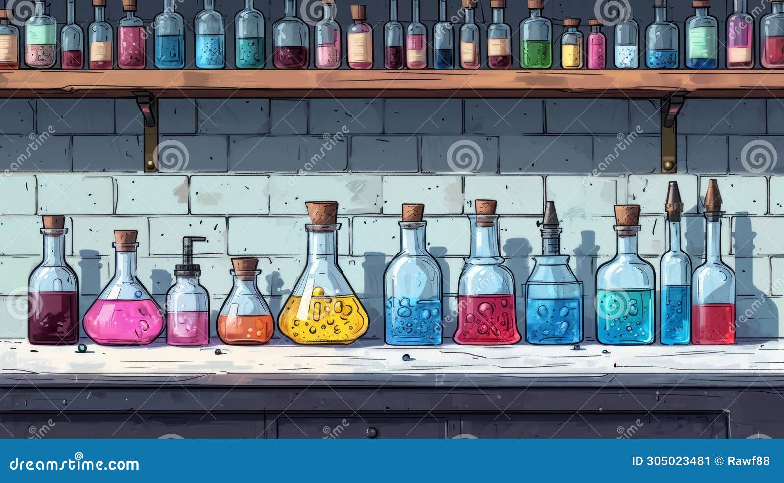 Laboratory Equipment Drawing, Glass Bottles and Experiment Flasks ...