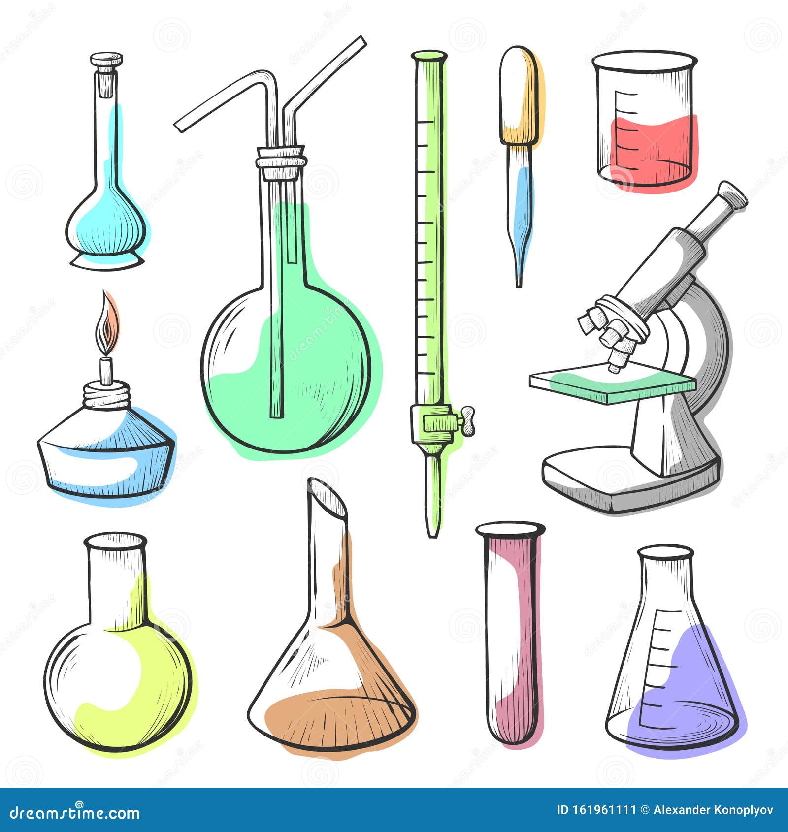 Laboratory Equipment, Glassware Hand Drawn Illustrations Set Stock ...