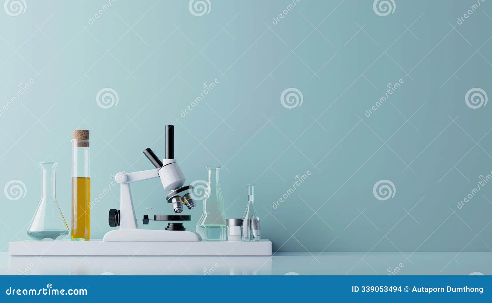 Laboratory Equipment Set Up Including a Microscope and Flasks on a ...