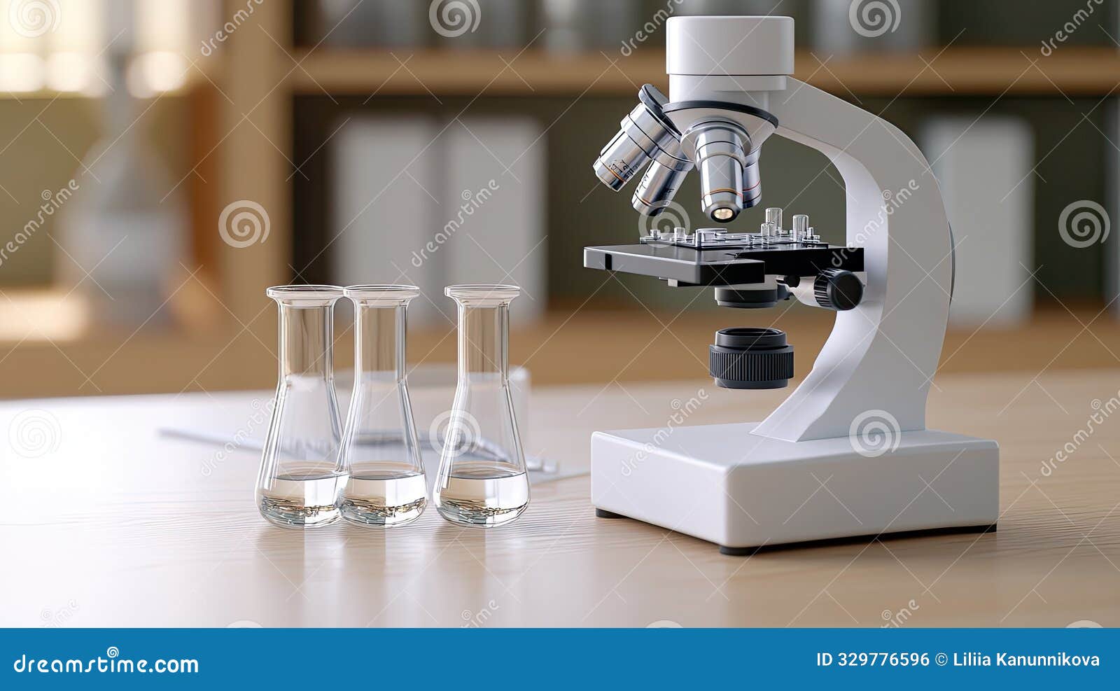 A Laboratory Equipped With A Microscope And Several Glass Vials Filled ...