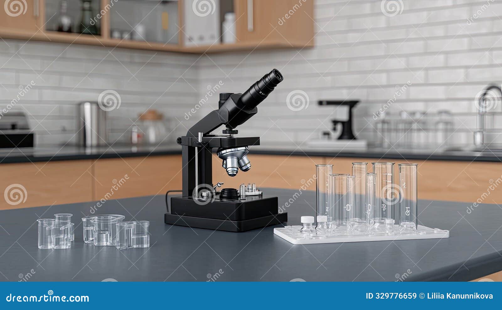 A Laboratory Equipped With A Microscope And Several Glass Vials Filled ...