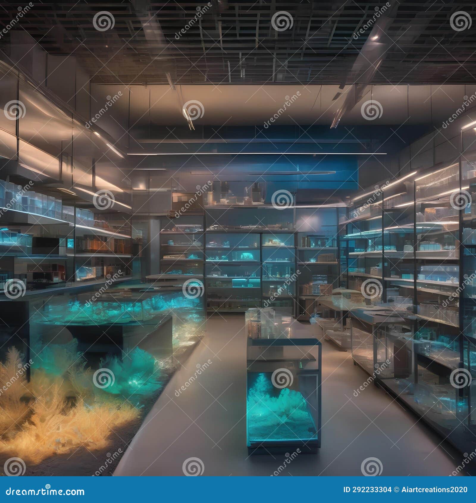 A Laboratory Filled with Glowing Bioluminescent Organisms, Creating a ...