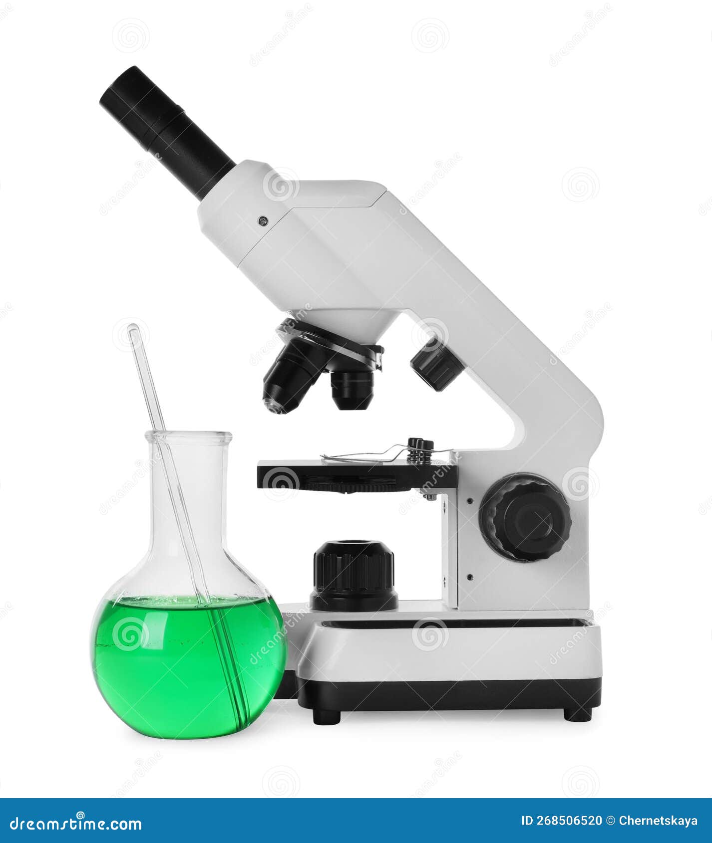 Laboratory Flask with Green Liquid and Microscope Isolated on White ...