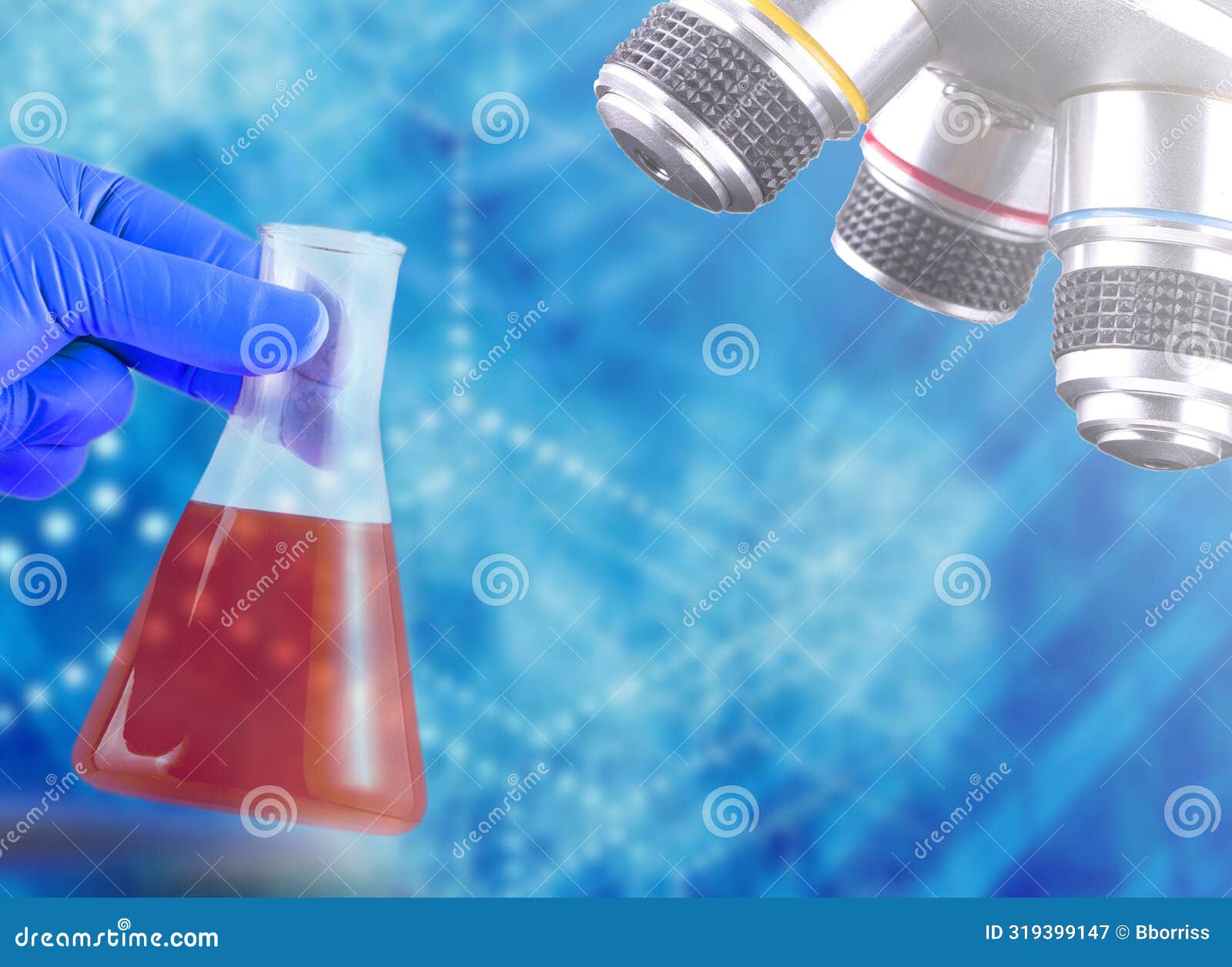 Laboratory Flask in Hands in Blue Gloves and Microscope on a Blue ...