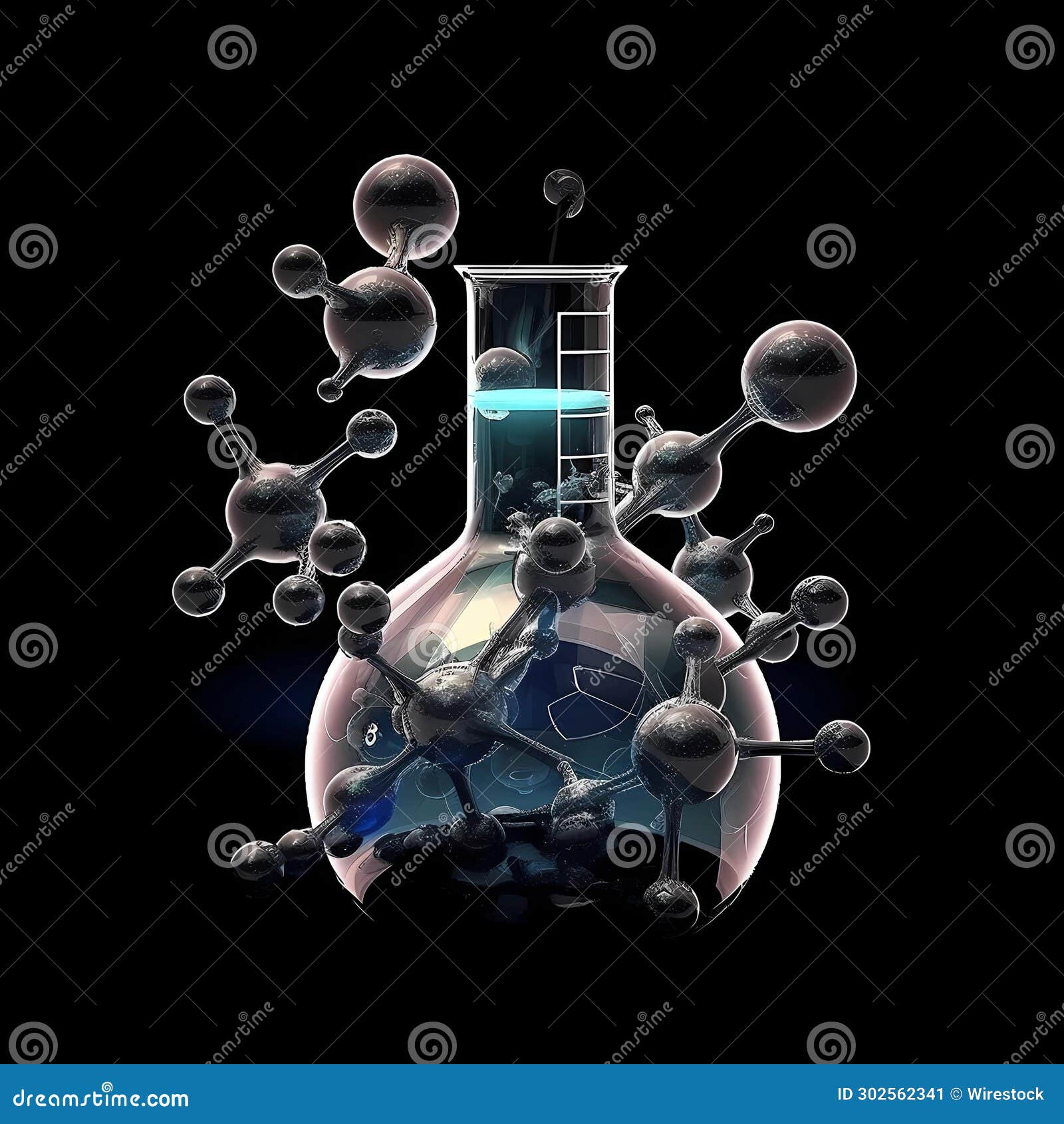Laboratory Flask with Molecular Models Isolated on a Black Background ...