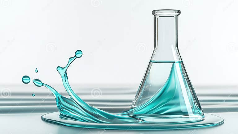 Laboratory Flask with Turquoise Liquid Splashing on a Flat Surface in a ...