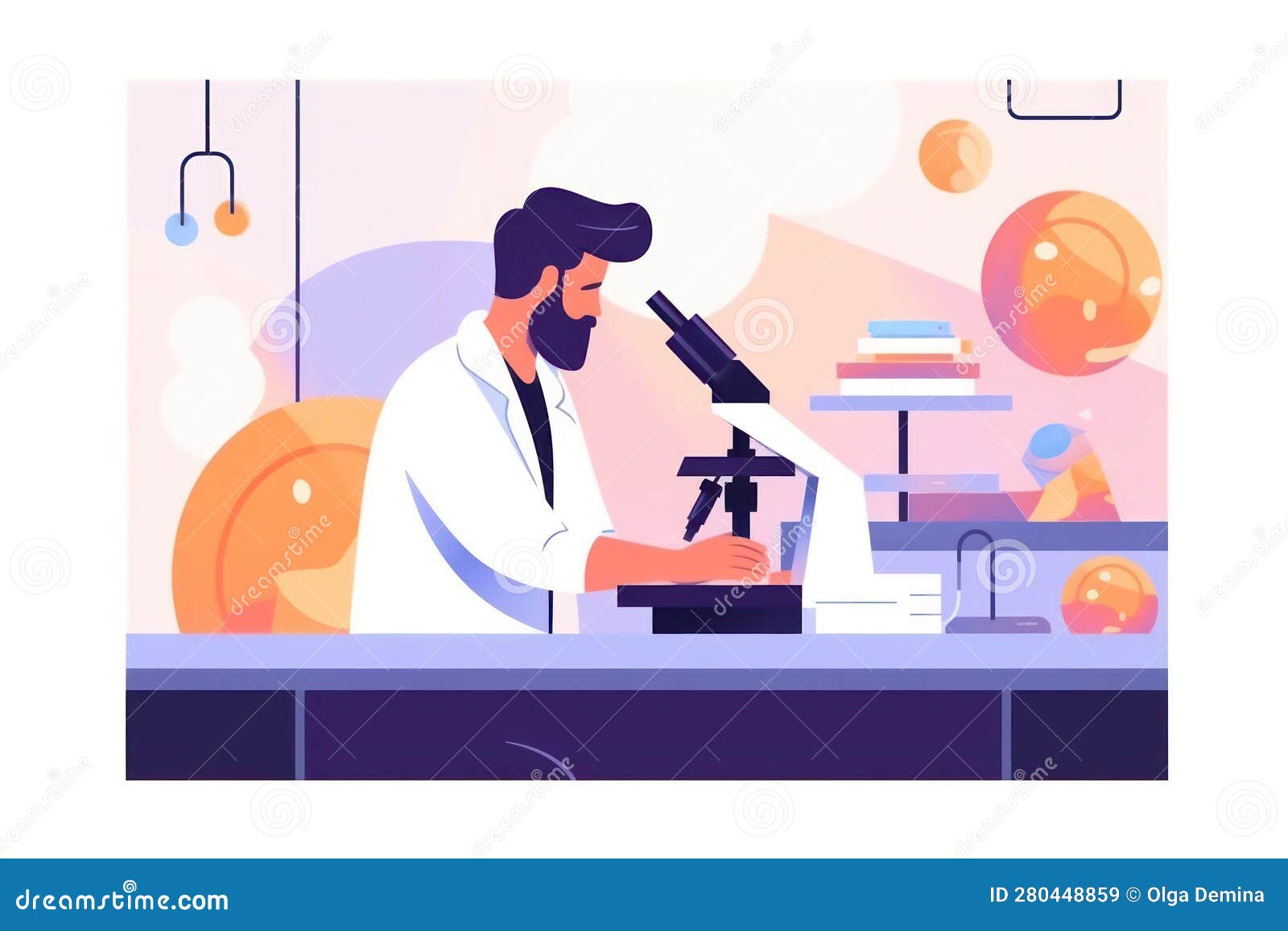In Laboratory Flat Illustration. Cartoon Male Scientist Looking through ...