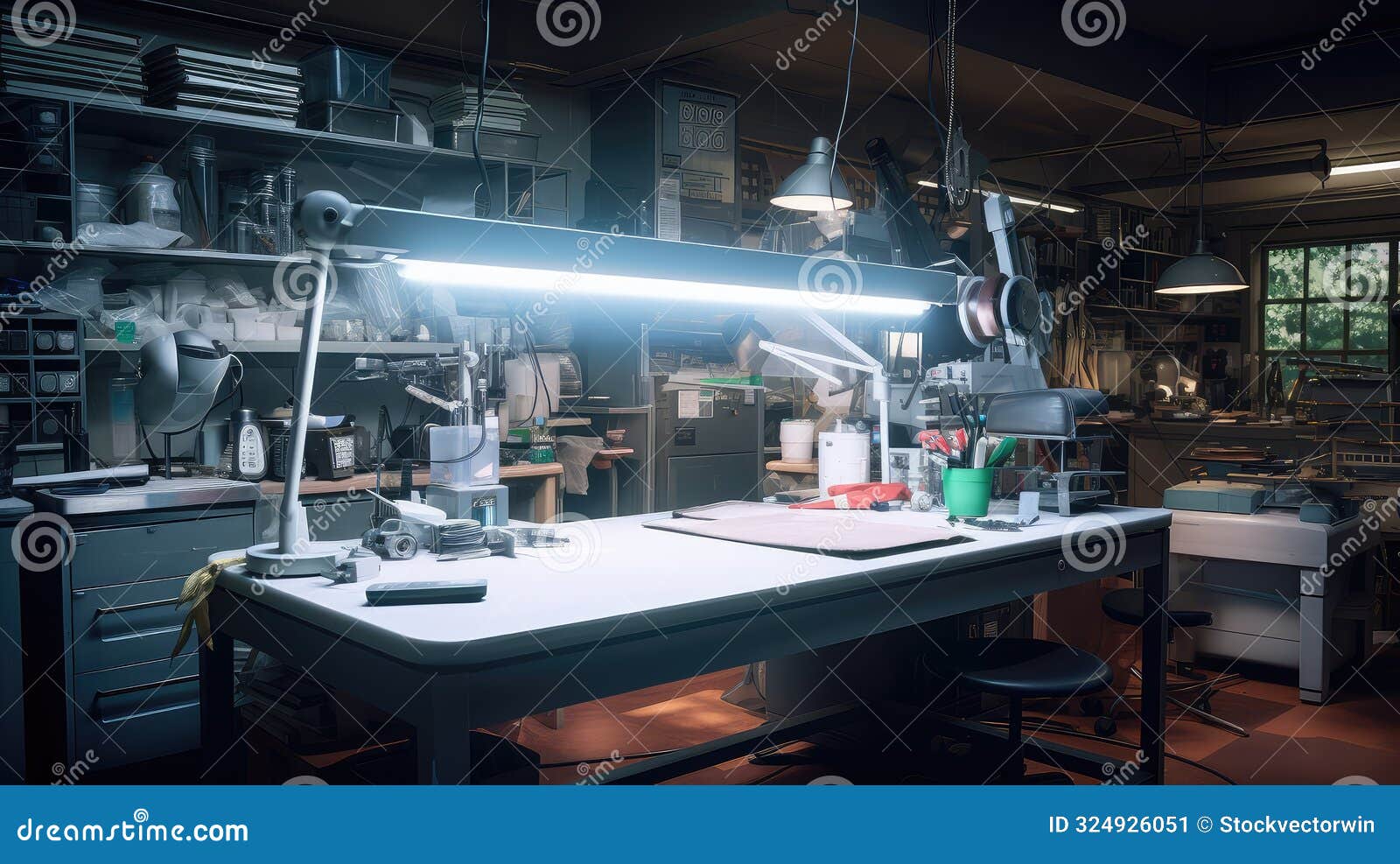 Laboratory Workbench Filled With Glassware Test Tubes, Beakers, Flasks ...