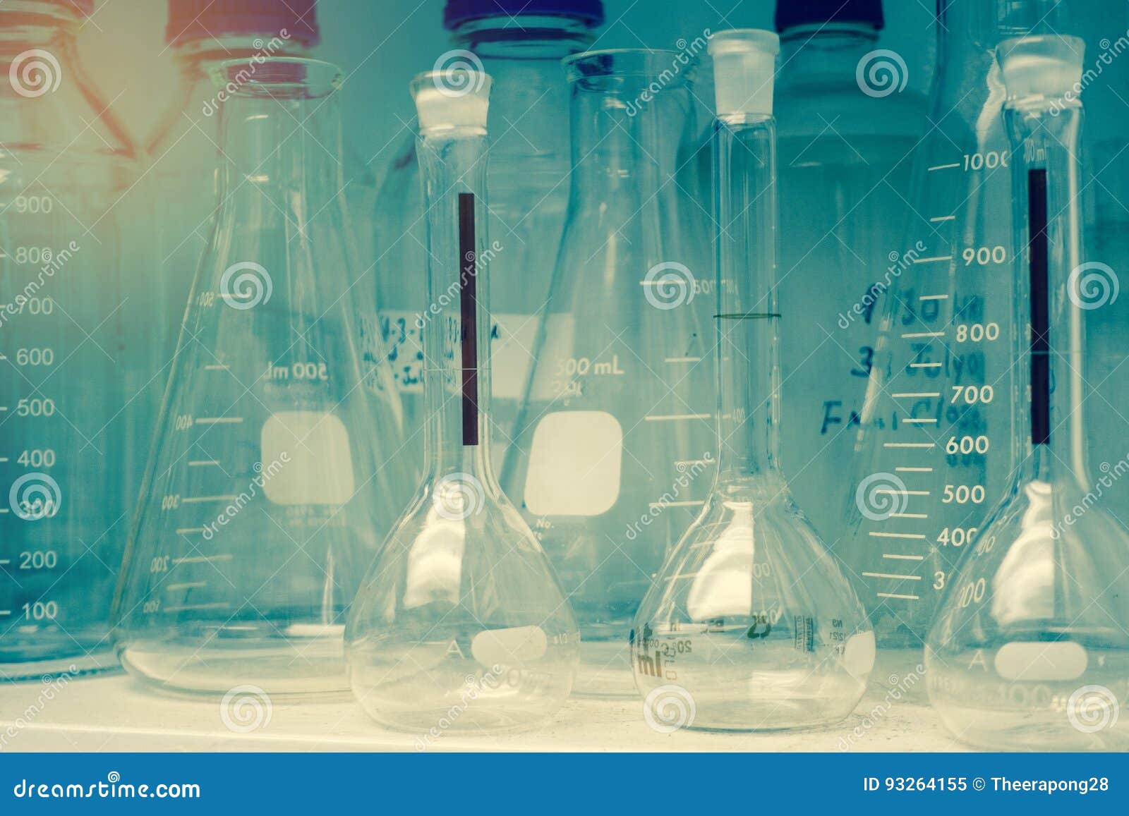 Laboratory Glassware or Beakers in Cold and Vintage Tone Stack on Shelf ...