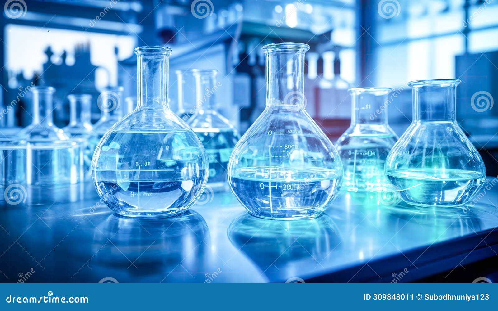 Laboratory Glassware with Blue Light, Science Research and Development ...