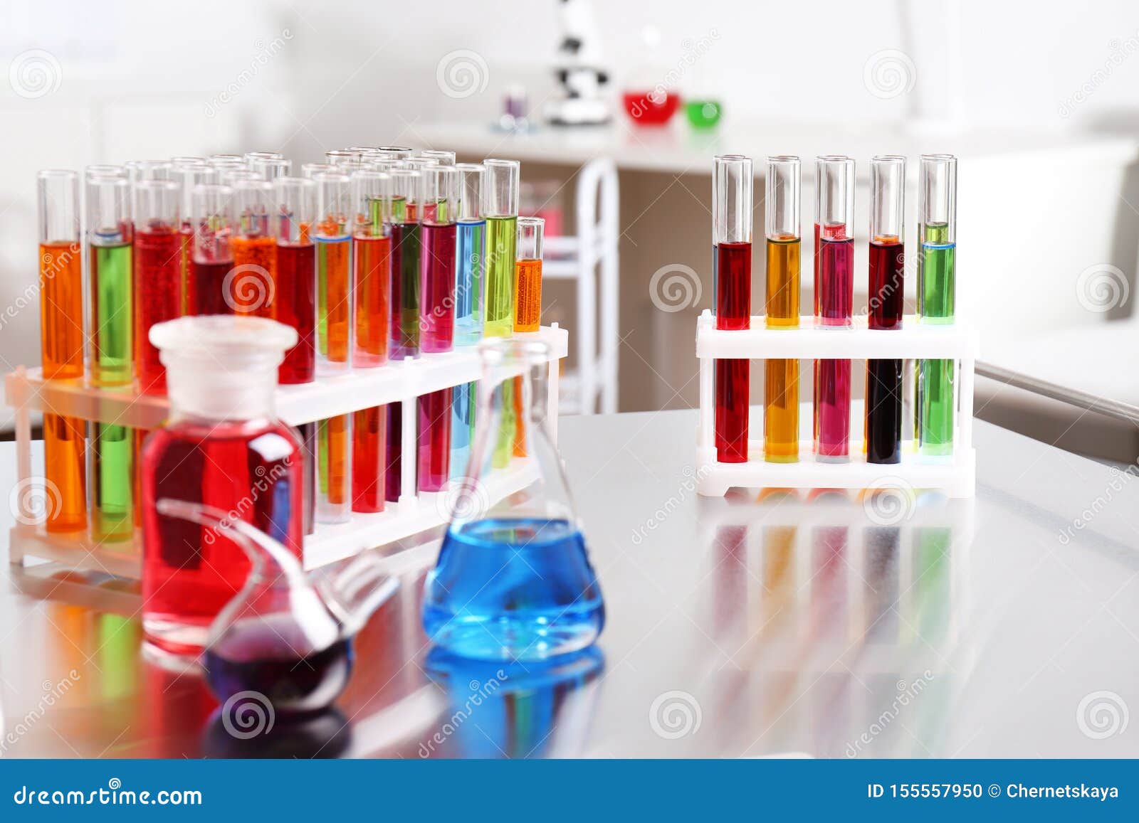 Laboratory Glassware with Color Liquids on . Solution Chemistry Stock ...