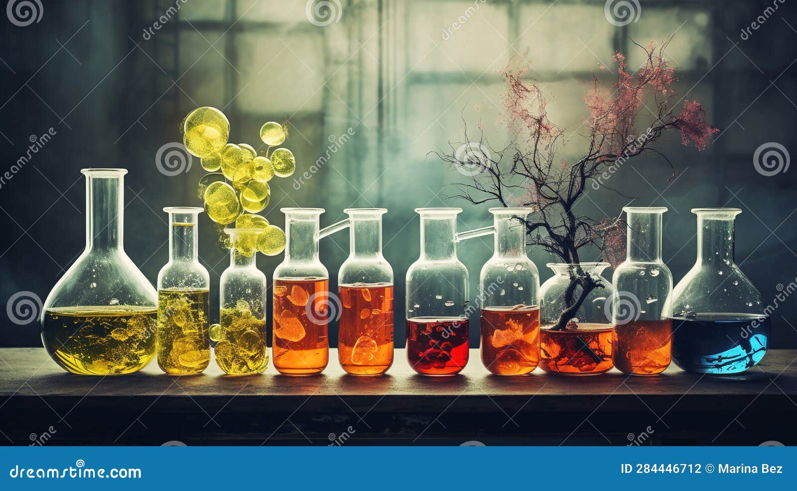 Laboratory Glassware with Different Color Reagents. Chemical Laboratory ...
