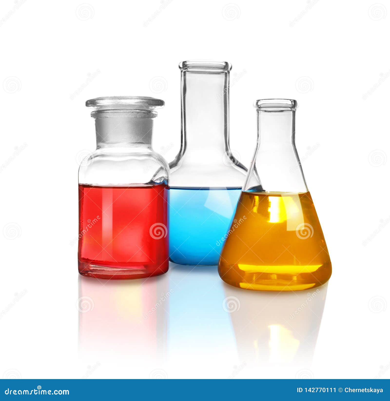 Laboratory Glassware with Different Samples on White. Solution ...