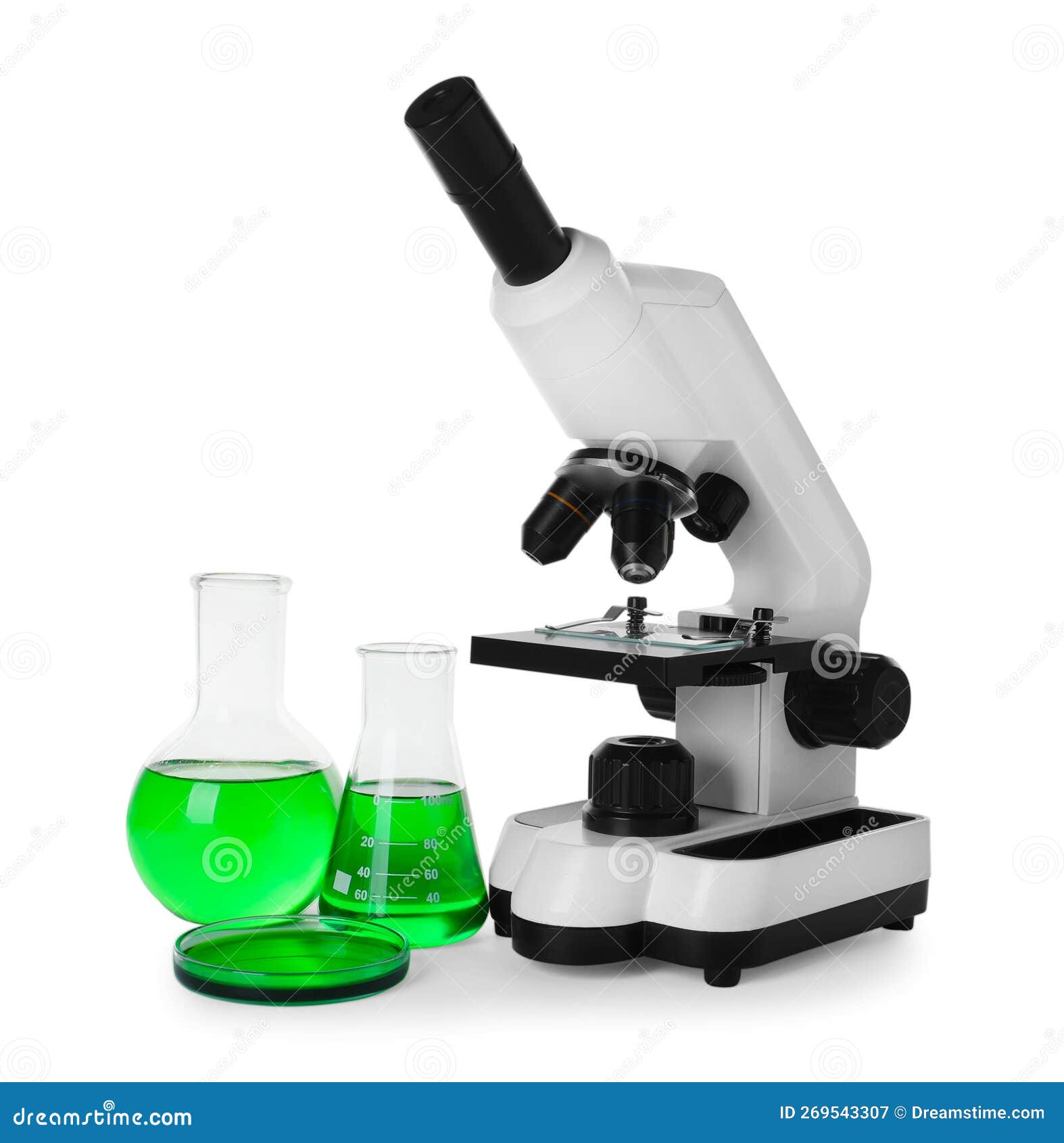 Laboratory Glassware with Green Liquid and Microscope Isolated on White ...