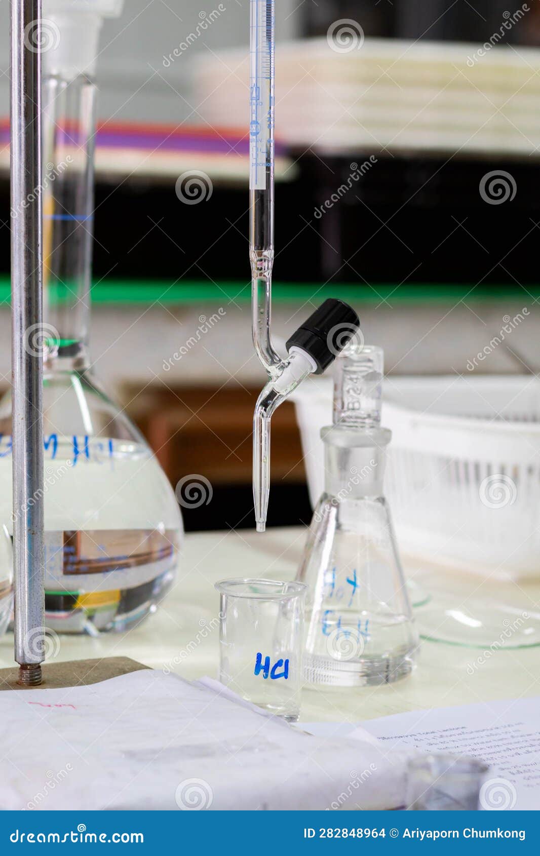 Laboratory Glassware with Green Liquid in a Science Research Laboratory ...