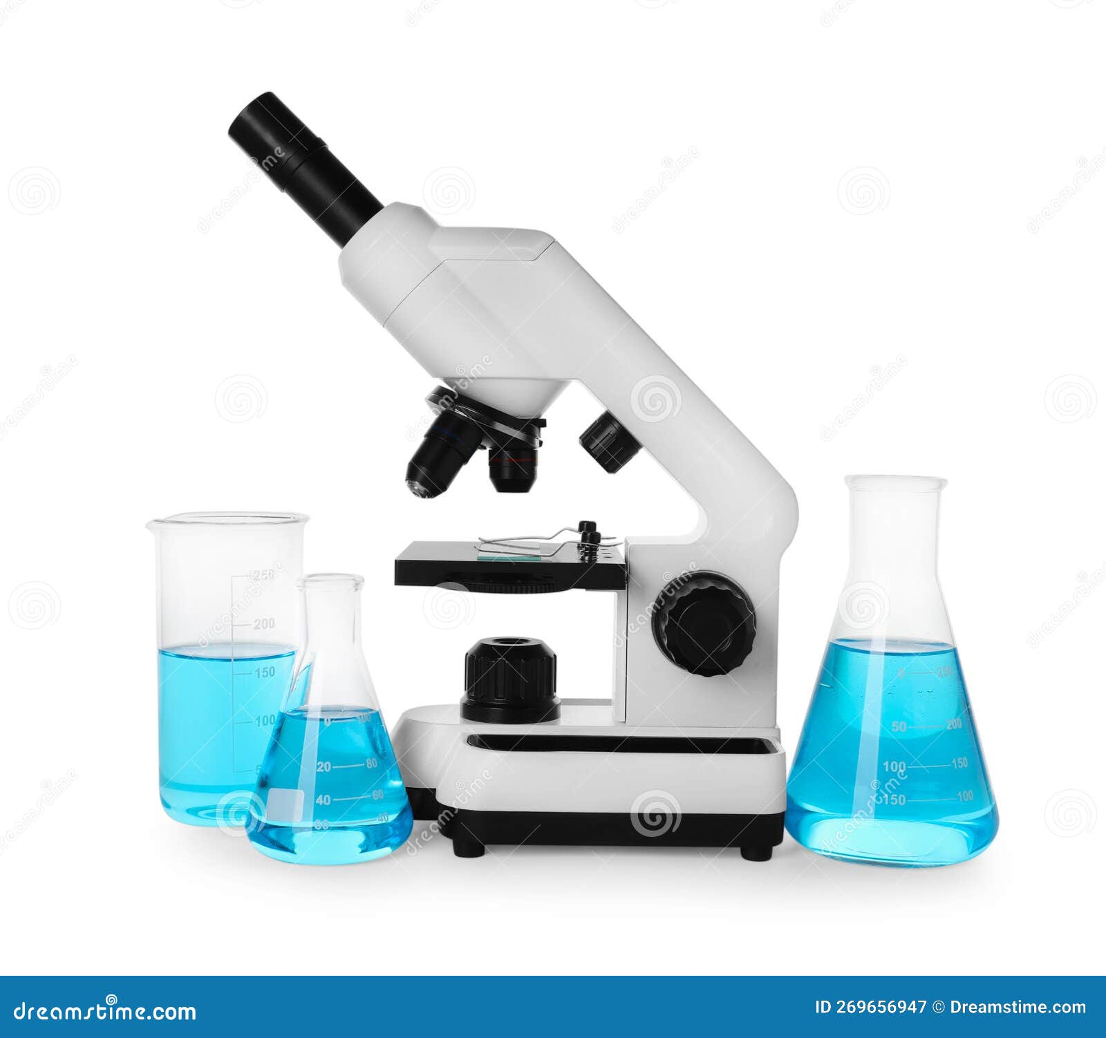 Laboratory Glassware with Light Blue Liquid and Microscope Isolated on ...