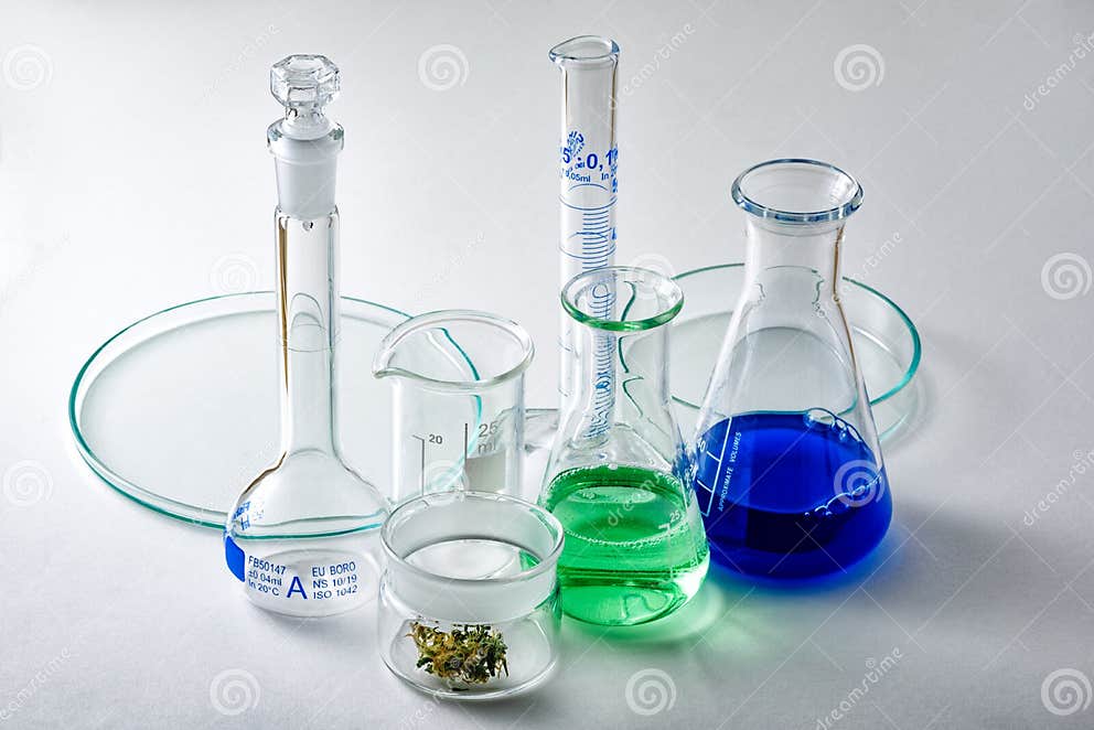 Laboratory Glassware with Marijuana Bud in Small Glass Container Stock ...