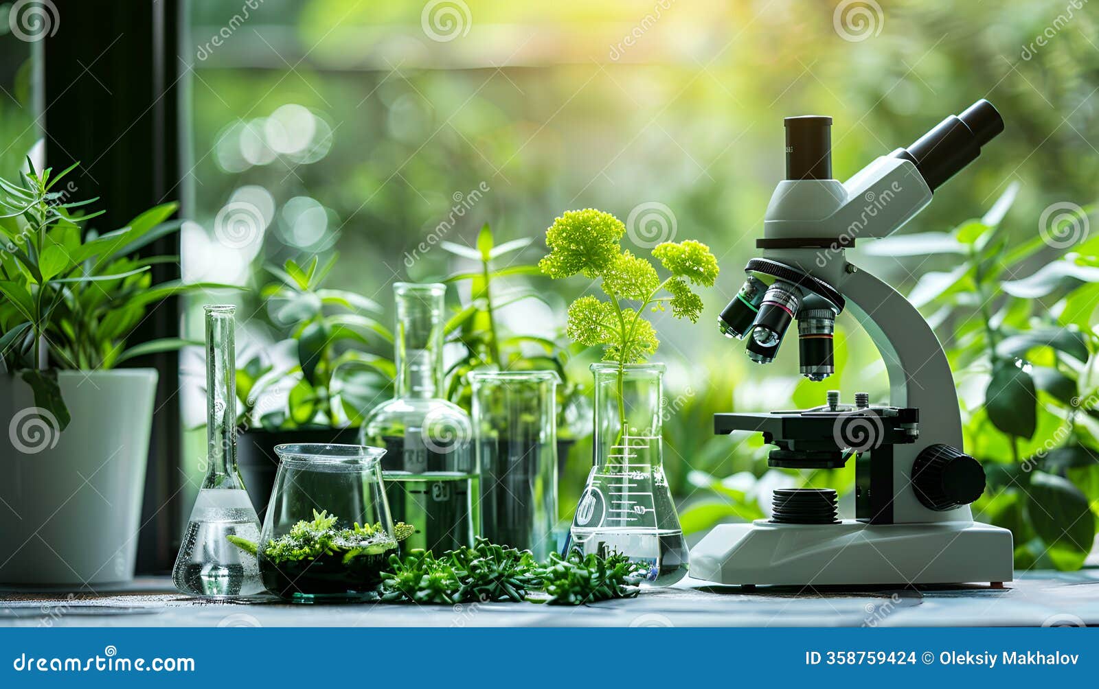 Laboratory Glassware with Plants and Microscope on Table, Space for ...