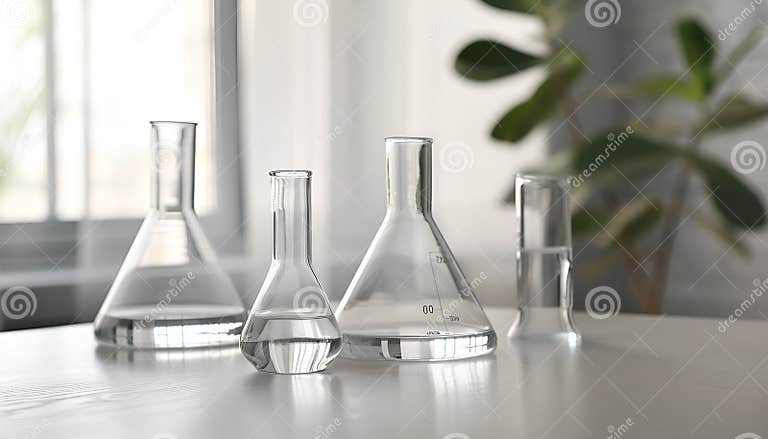 Laboratory Glassware with Samples on Table Indoors. Solution Chemistry ...