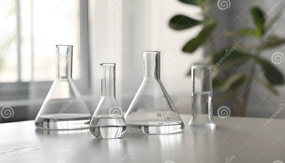 Laboratory Glassware with Samples on Table Indoors. Solution Chemistry ...