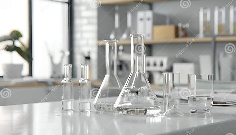 Laboratory Glassware with Samples on Table Indoors. Solution Chemistry ...