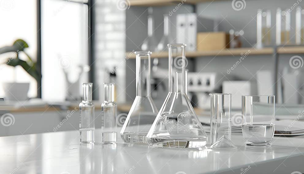 Laboratory Glassware with Samples on Table Indoors. Solution Chemistry ...
