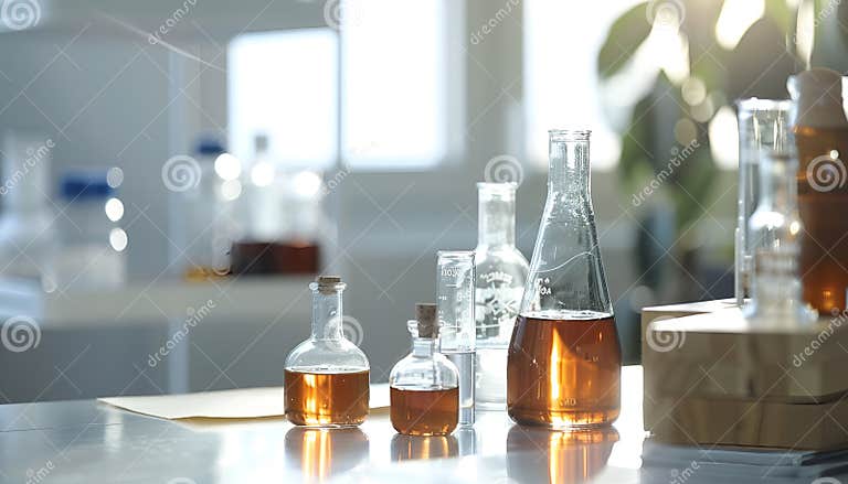 Laboratory Glassware with Samples on Table Indoors. Solution Chemistry ...