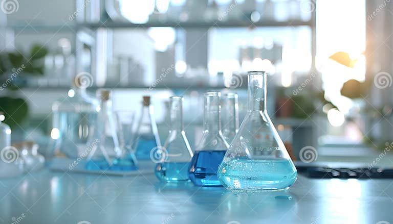Laboratory Glassware with Samples on Table Indoors. Solution Chemistry ...