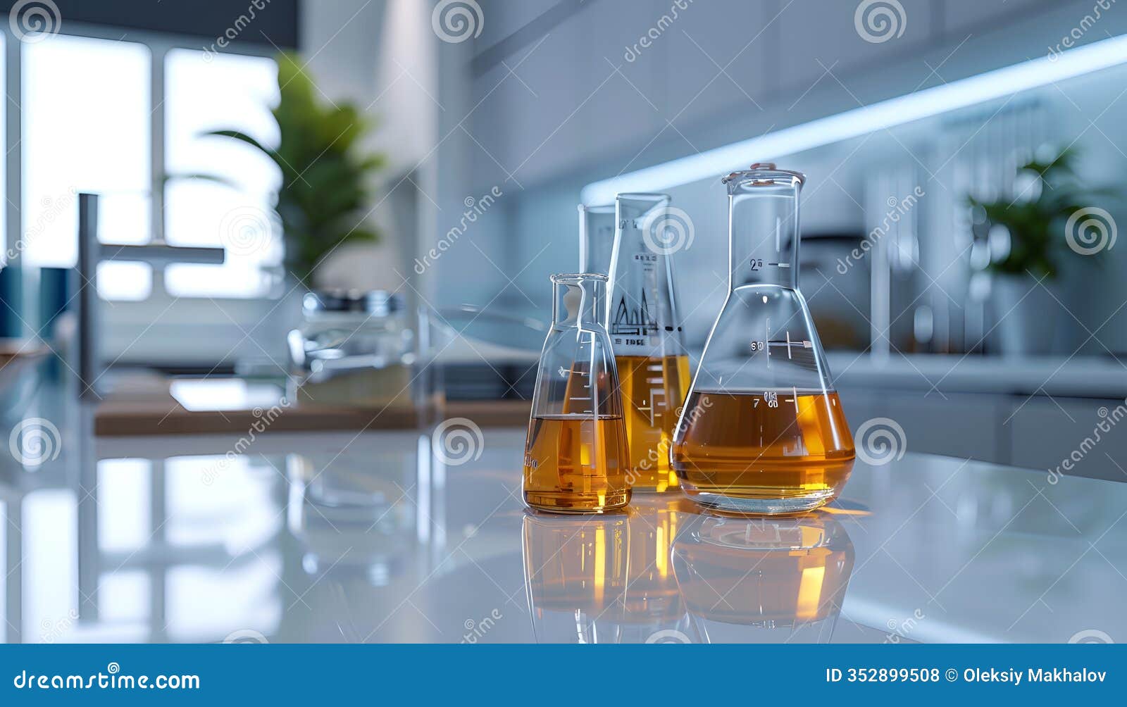 Laboratory Glassware with Samples on Table Indoors. Solution Chemistry ...