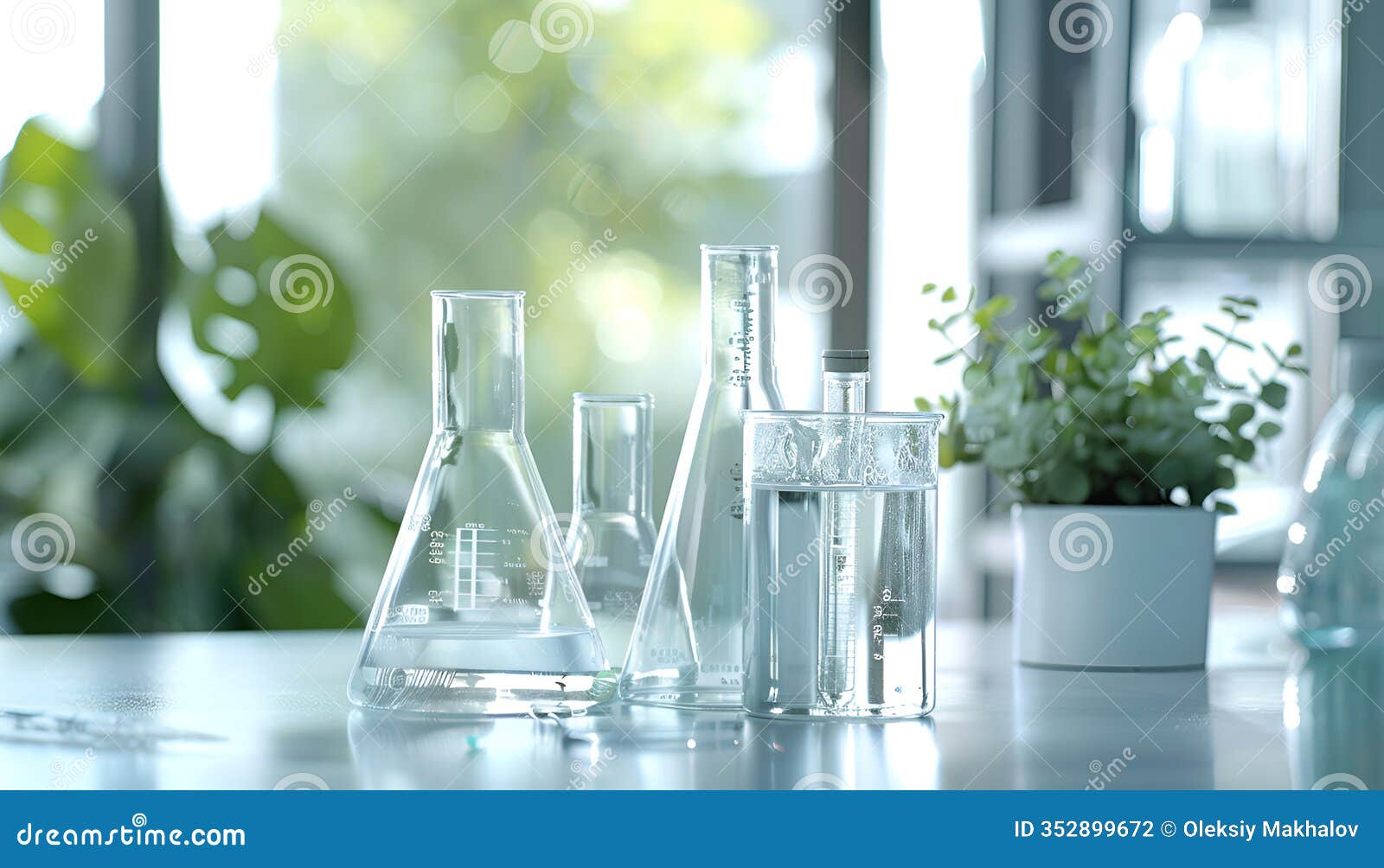 Laboratory Glassware with Samples on Table Indoors. Solution Chemistry ...