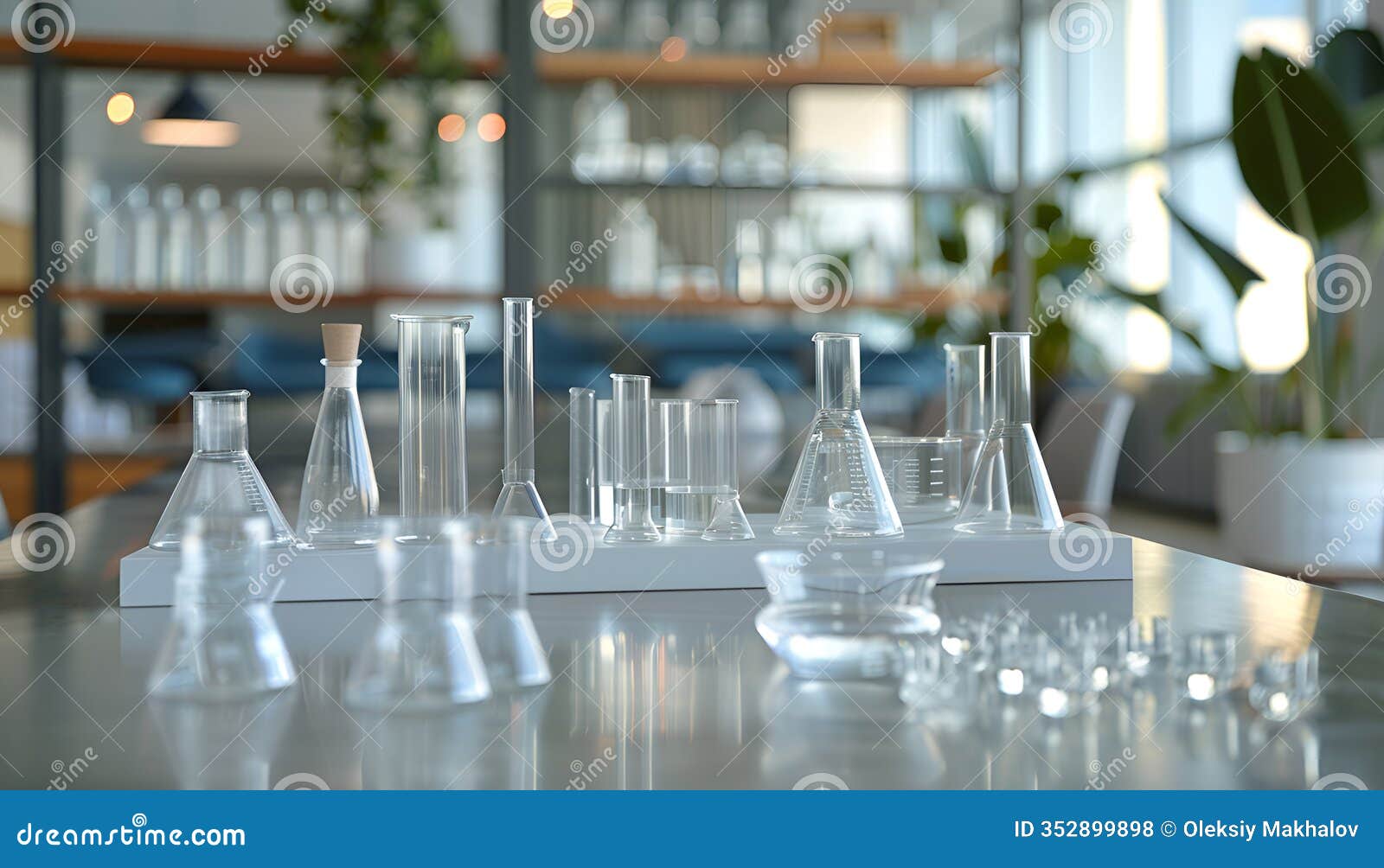 Laboratory Glassware with Samples on Table Indoors. Solution Chemistry ...